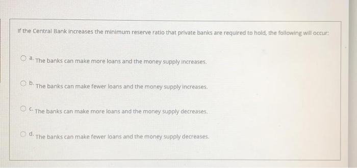 Solved If the Central Bank increases the minimum reserve | Chegg.com