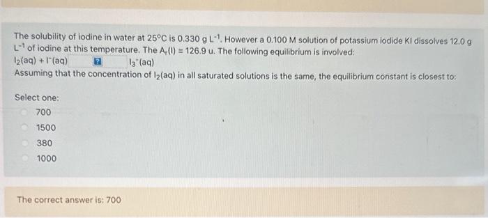 Solved The solubility of iodine in water at 25∘C is 0.330 g | Chegg.com