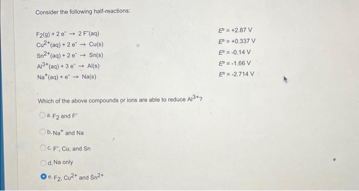 Consider the following half-reactions: | Chegg.com