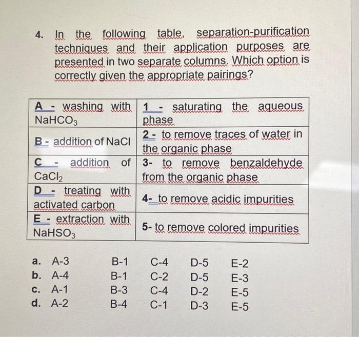 Solved 4. In the following table, separation-purification | Chegg.com
