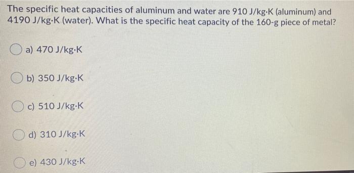 The specific heat capacities of aluminum and water | Chegg.com