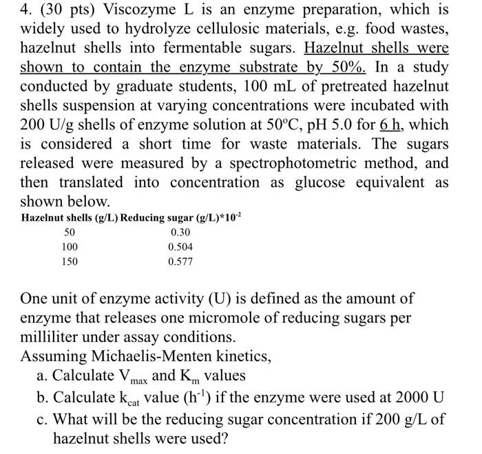 4. (30 pts) Viscozyme L is an enzyme preparation, | Chegg.com
