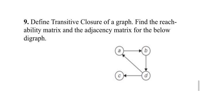 Solved 9. Define Transitive Closure of a graph. Find the | Chegg.com
