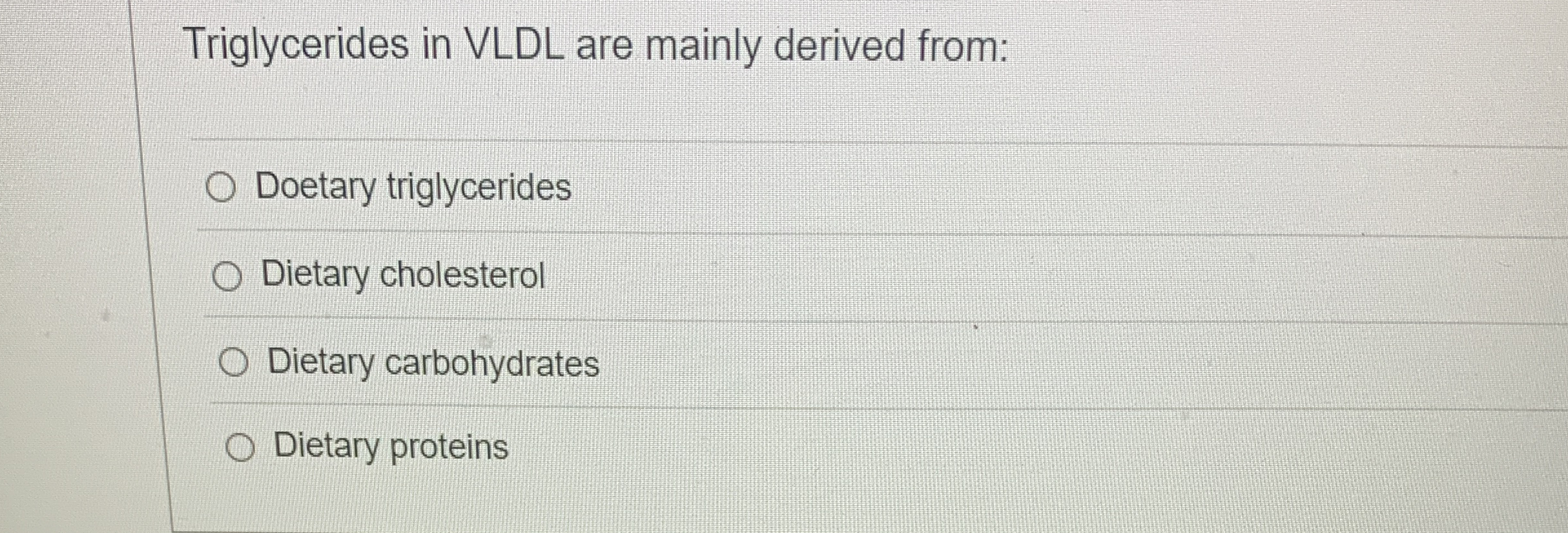 Solved Triglycerides in VLDL are mainly derived from:Doetary | Chegg.com