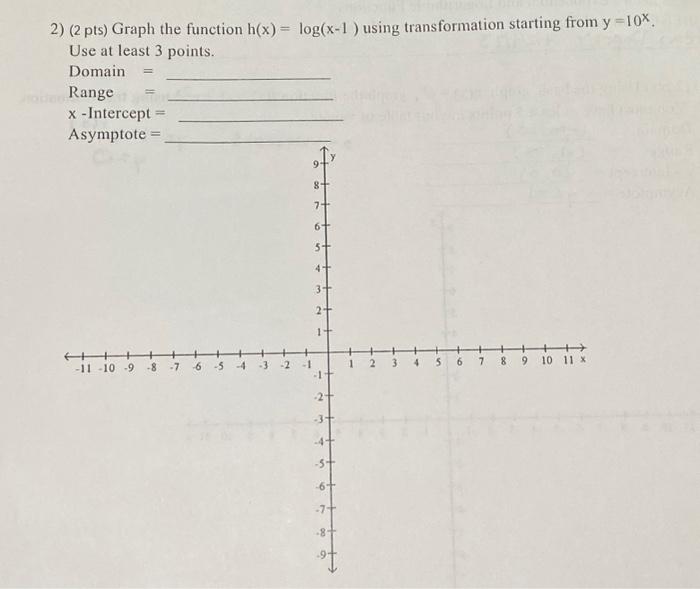 Solved 2) (2 pts) Graph the function h(x)=log(x−1) using | Chegg.com