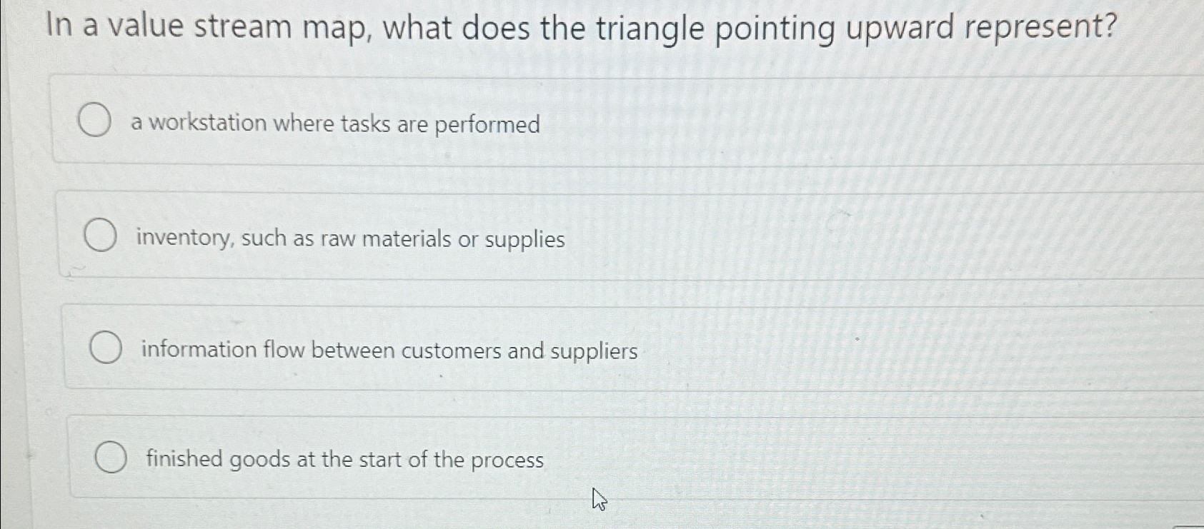 Solved In a value stream map, what does the triangle | Chegg.com