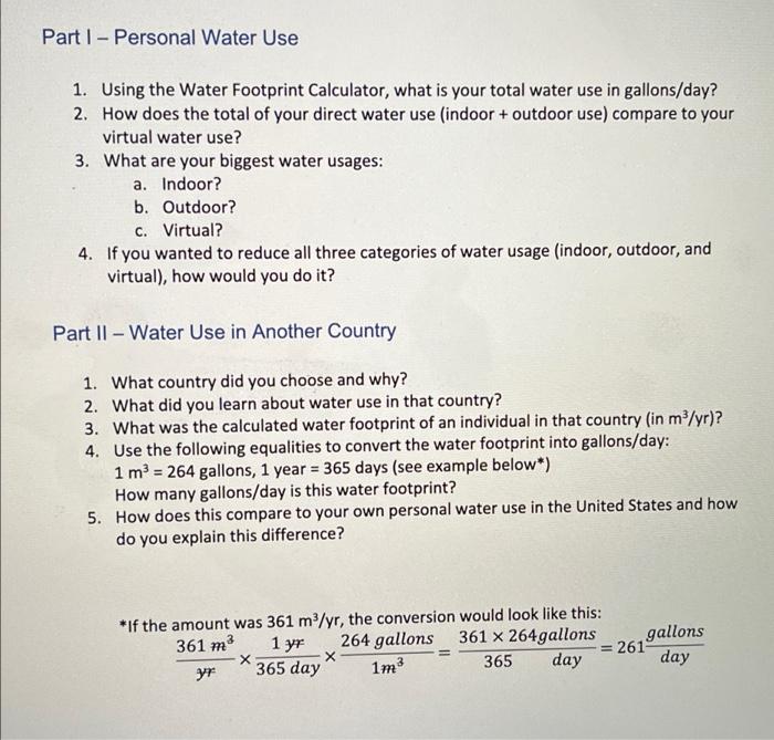 Solved Part I - Personal Water Use 1. Using the Water | Chegg.com