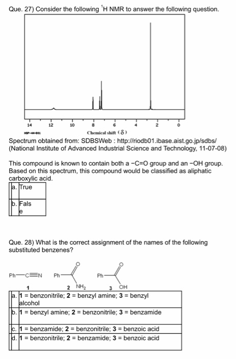 Solved Que. 27) Consider the following 'H NMR to answer the | Chegg.com