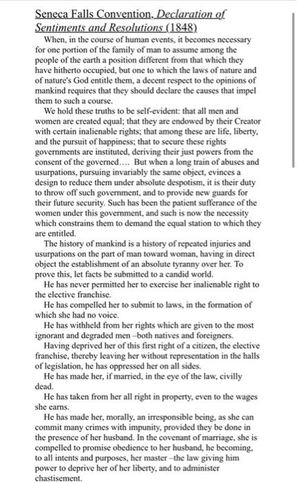 Seneca Falls Convention. Declaration of Sentiments | Chegg.com
