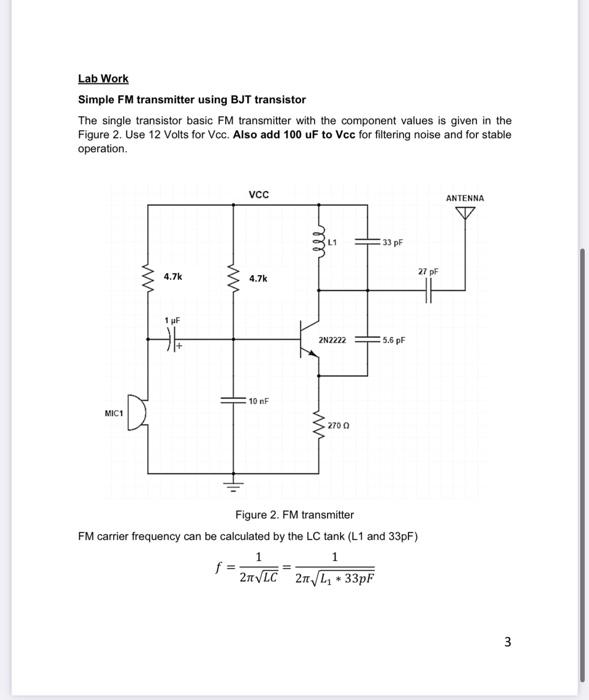 Solved Lab Work Simple FM transmitter using BJT transistor | Chegg.com