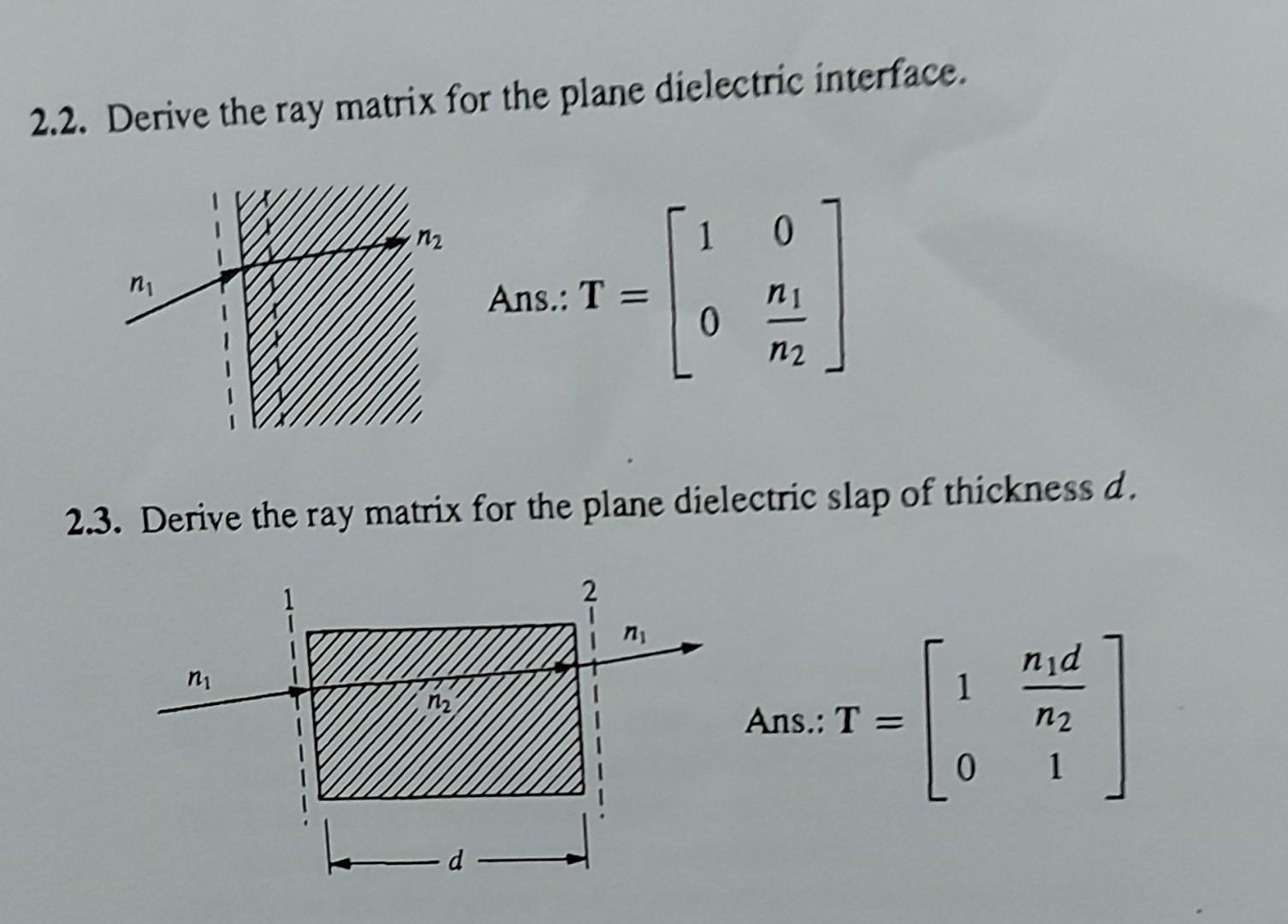 Solved 2.2. Derive the ray matrix for the plane dielectric | Chegg.com