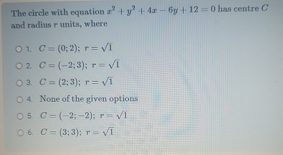 Solved The circle with equation x2+y2+4x-6y+12=0 ﻿has centre | Chegg.com
