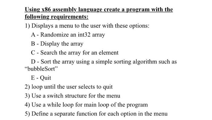 Solved Using ×86 assembly language create a program with the | Chegg.com