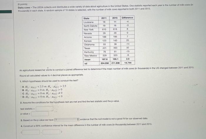 Solved (6 points) Dairy cows - The USDA collects and | Chegg.com