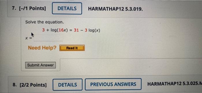Solved 7. [-/1 Points] DETAILS HARMATHAP12 5.3.019. Solve | Chegg.com