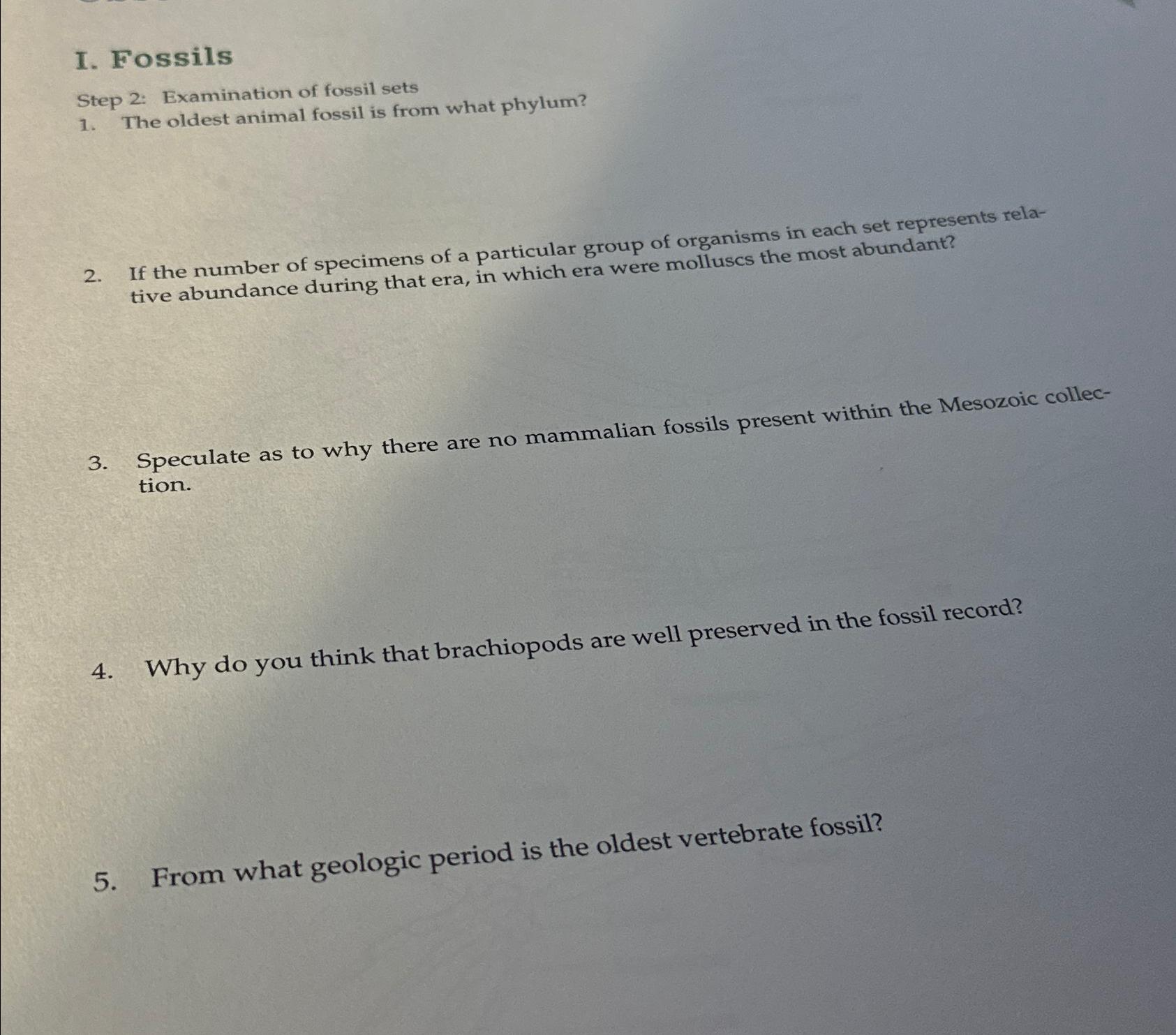 Solved I. FossilsStep 2: Examination of fossil setsThe | Chegg.com