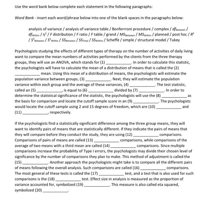 Solved Use the word bank below complete each statement in | Chegg.com
