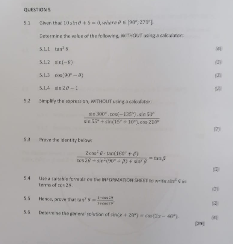 Solved QUESTION 55.1 ﻿Given that 10sinθ+6=0, ﻿where | Chegg.com
