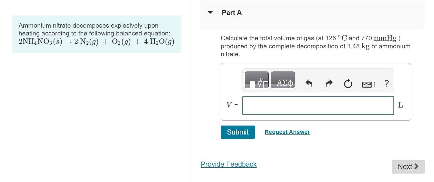 Solved Part AAmmonium nitrate decomposes explosively | Chegg.com
