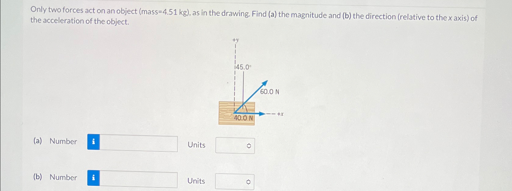 Solved Only Two Forces Act On An Object Mass 4 51kg ﻿as