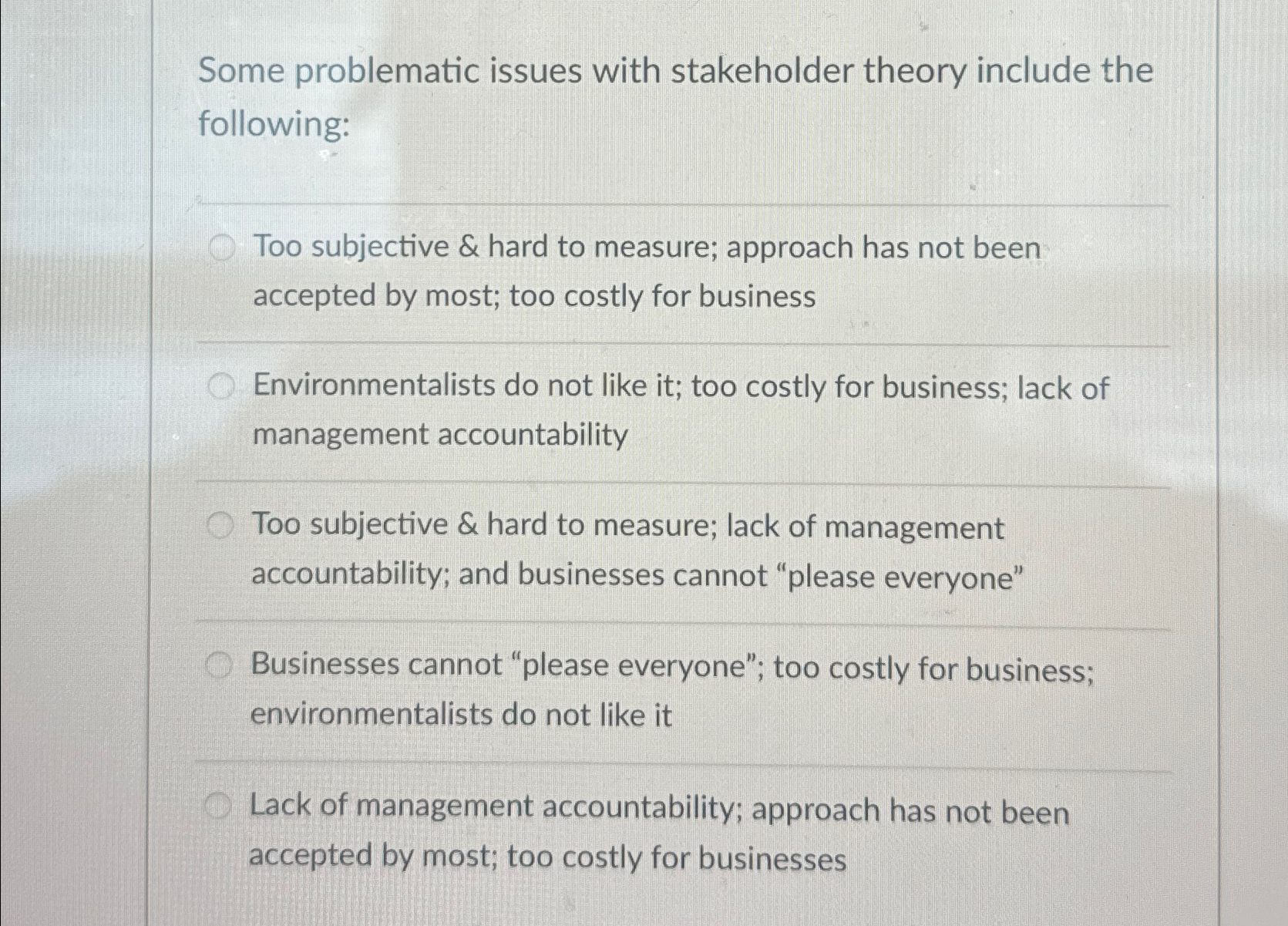 Solved Some problematic issues with stakeholder theory | Chegg.com