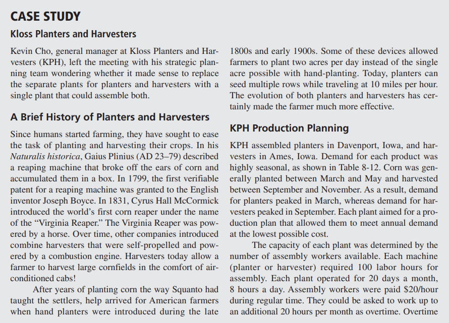 Solved For the case study Kloss Planters and Harvesters I | Chegg.com