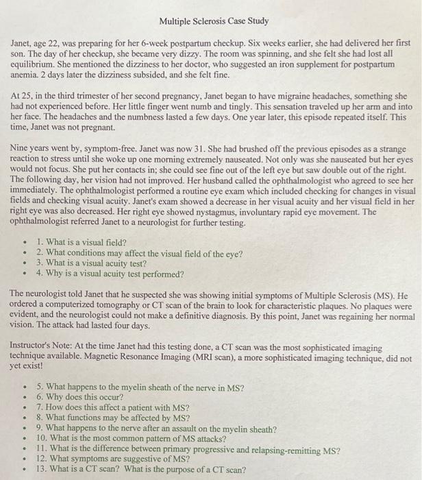 Solved Multiple Sclerosis Case Study Janet, age 22, was | Chegg.com