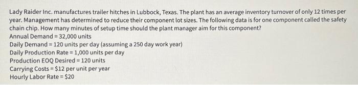 Solved Lady Raider Inc. manufactures trailer hitches in | Chegg.com