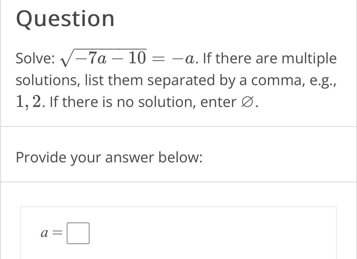 Solved QuestionSolve: -7a-102=-a. ﻿If there are multiple | Chegg.com