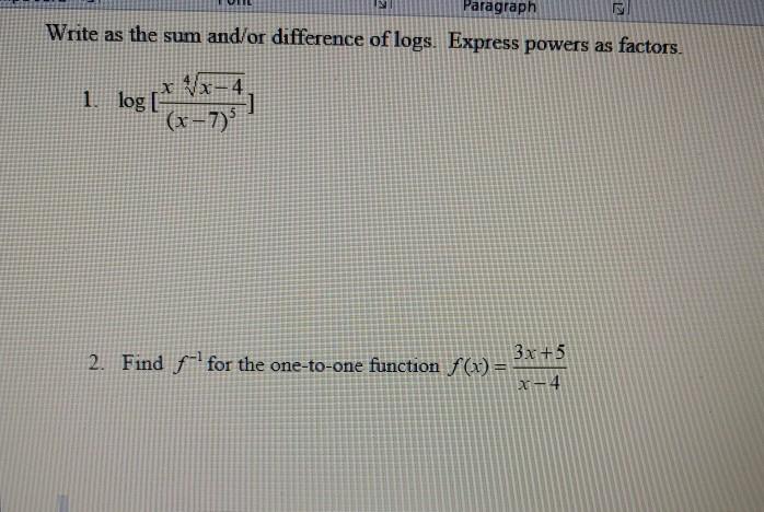 Solved Paragraph Write as the sum and/or difference of logs. | Chegg.com