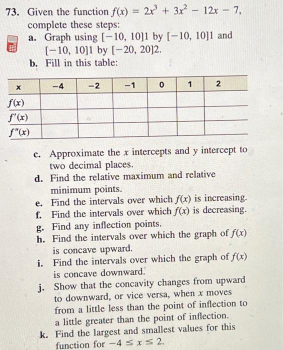 Solved 73. Given the function f(x)=2x3+3x2−12x−7, complete | Chegg.com