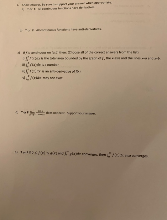 Solved 1. Short Answer. Be sure to support your answer when | Chegg.com