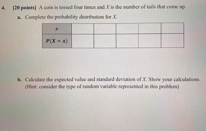 Solved 4. [20 points) A coin is tossed four times and X is | Chegg.com