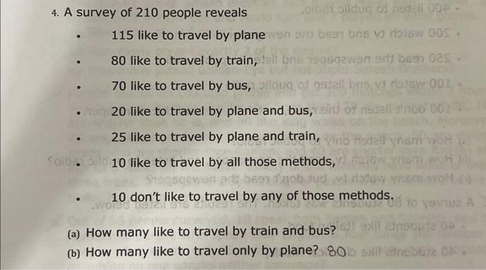 Solved 4. A survey of 210 people reveals 115 like to travel | Chegg.com