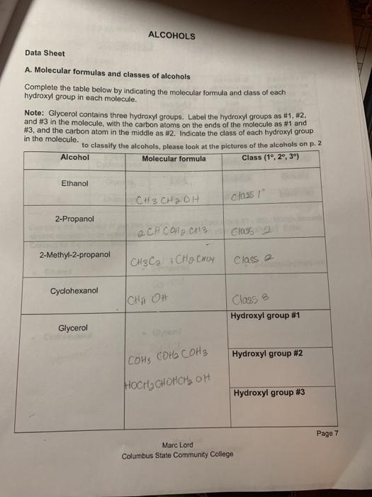 Solved ALCOHOLS Data Sheet A. Molecular formulas and classes | Chegg.com