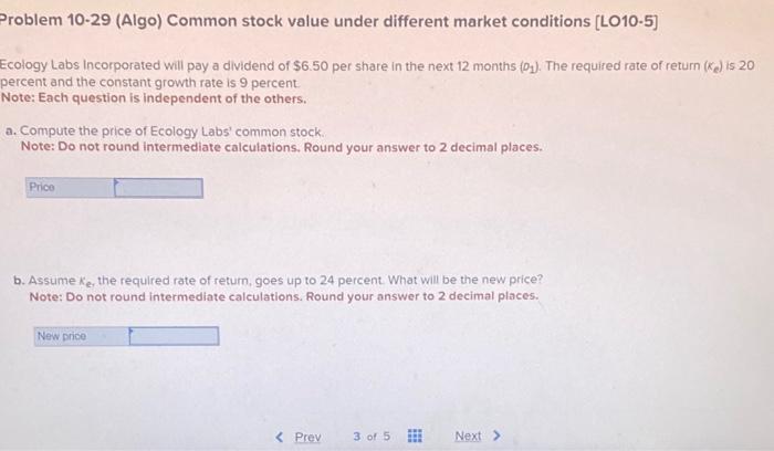 Solved Problem 10.29 (Algo) Common stock value under | Chegg.com