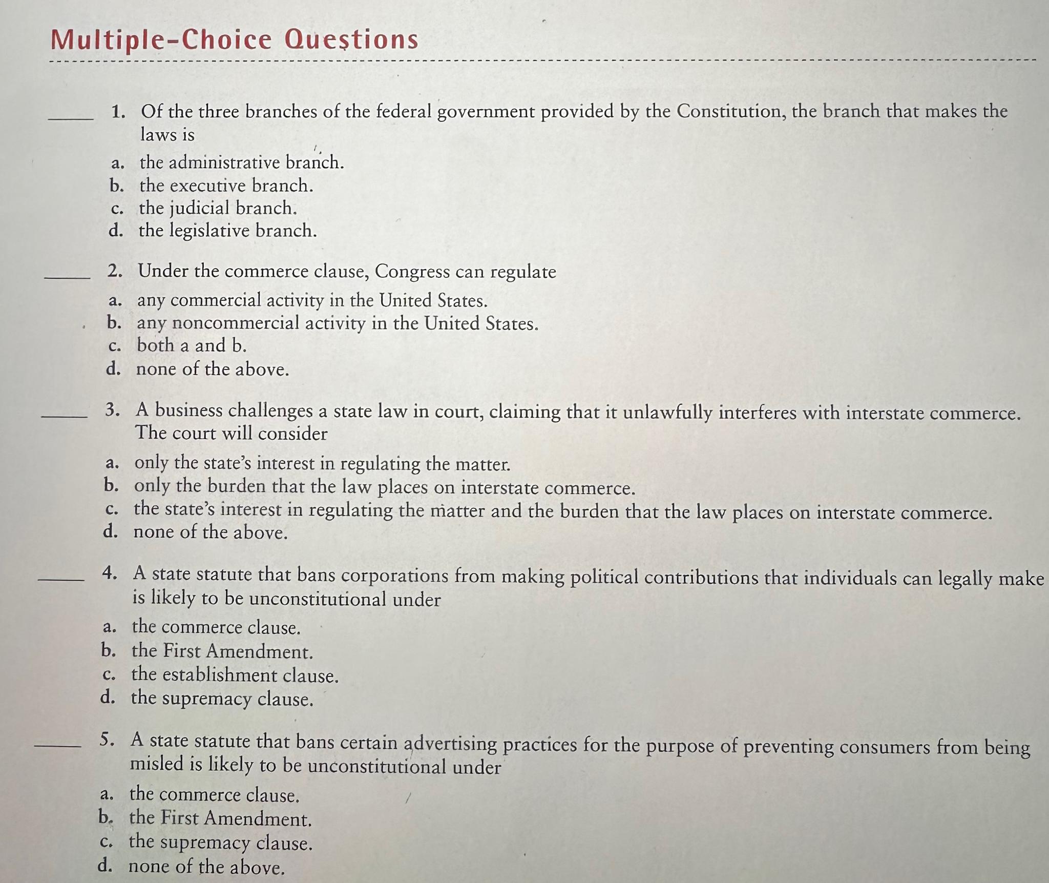 Solved Multiple-Choice QuestionsOf the three branches of the | Chegg.com