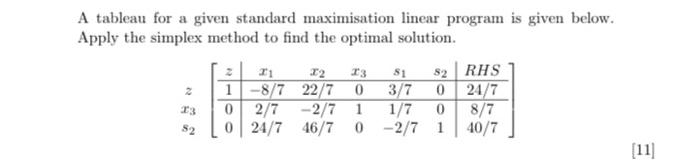 Solved A tableau for a given standard maximisation linear | Chegg.com