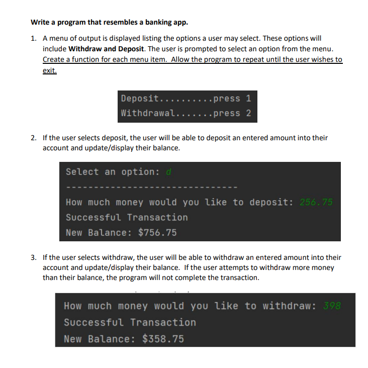Solved Write a program in C++ ﻿that resembles a banking | Chegg.com