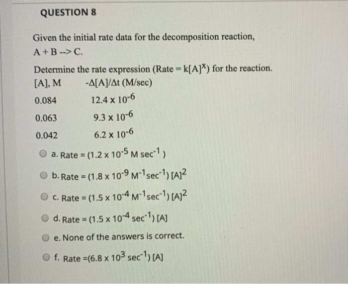 Solved Question 8 Given The Initial Rate Data For The 6318
