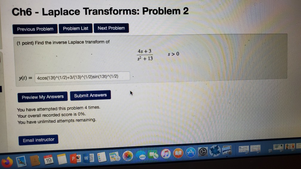 Solved Ch6 - Laplace Transforms: Problem 2 Previous Problem | Chegg.com