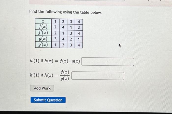 Solved Find the following using the table below. h′(1) if | Chegg.com