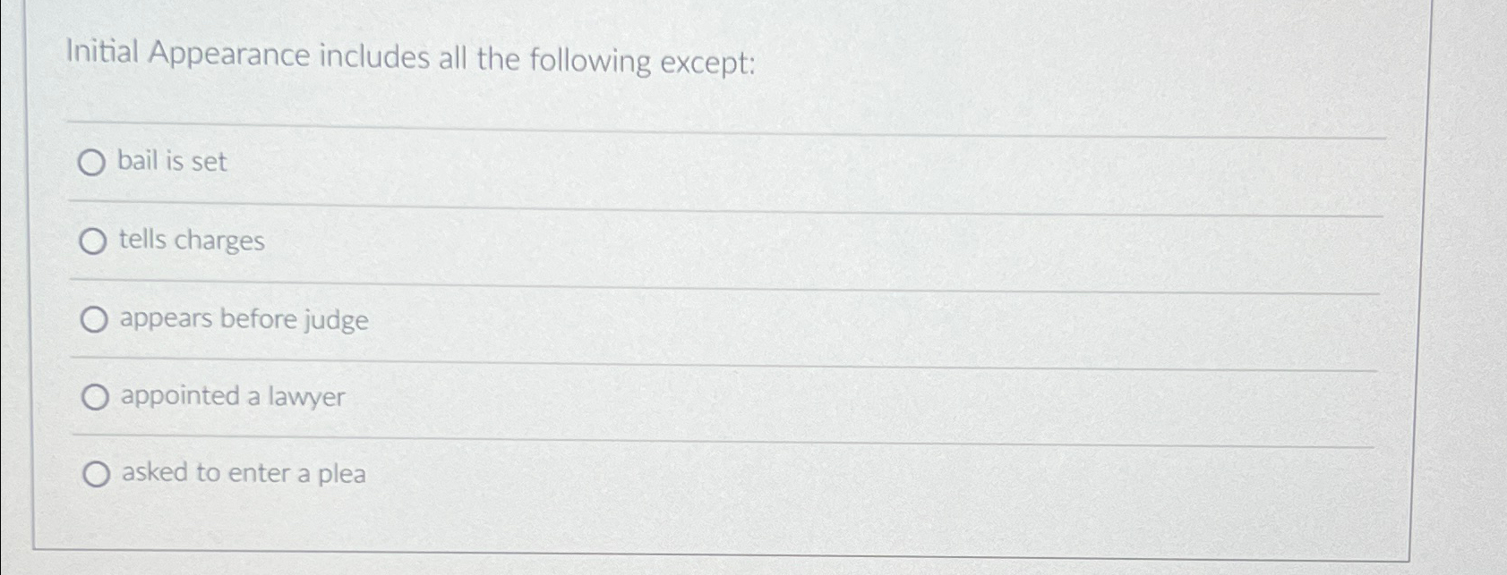 Solved Initial Appearance includes all the following | Chegg.com