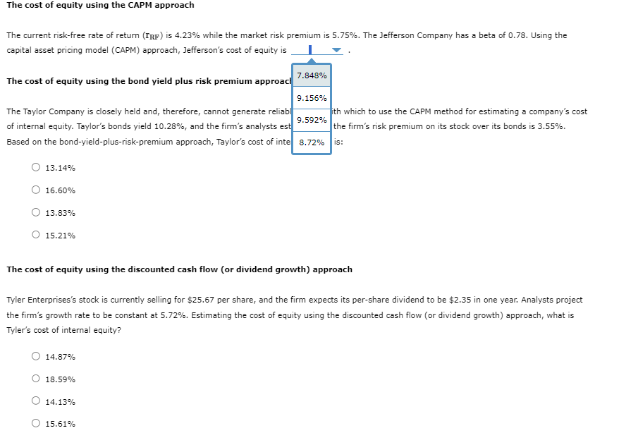 Solved The cost of equity using the CAPM approachThe current | Chegg.com