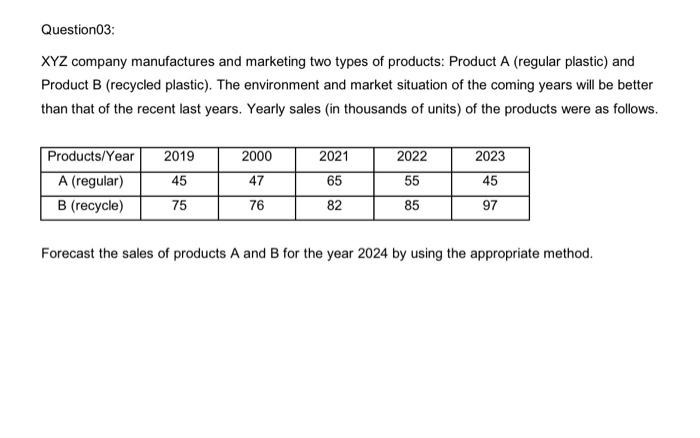 Solved Question03: XYZ company manufactures and marketing | Chegg.com