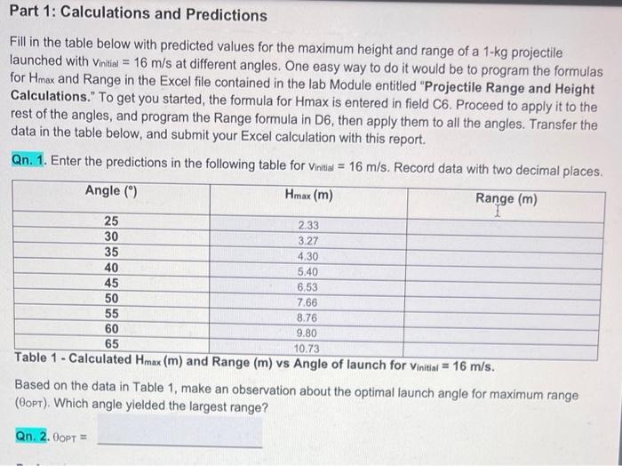 Solved Part 1: Calculations and Predictions Fill in the | Chegg.com