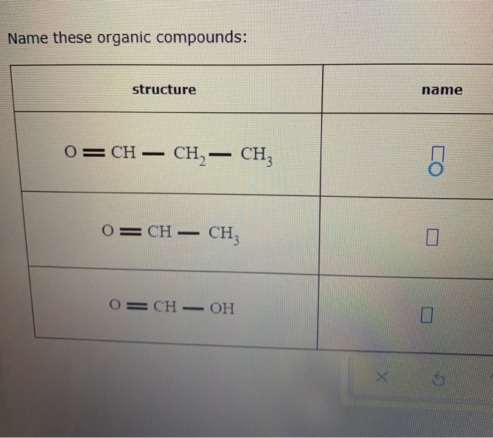 Solved Name these organic compounds: structure name О CH — | Chegg.com