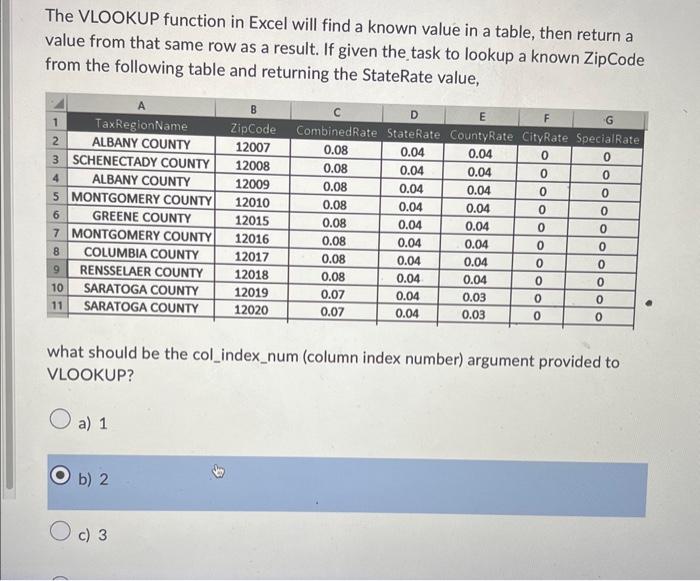 Solved The VLOOKUP function in Excel will find a known value | Chegg.com