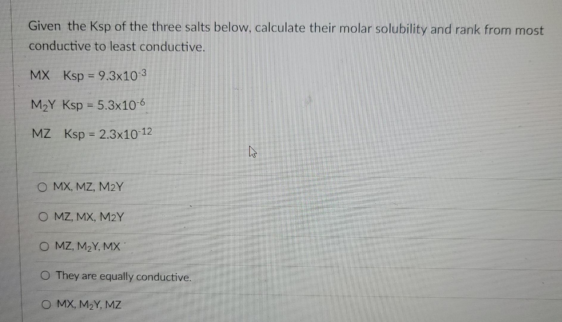 Solved Given the Ksp of the three salts below, calculate | Chegg.com