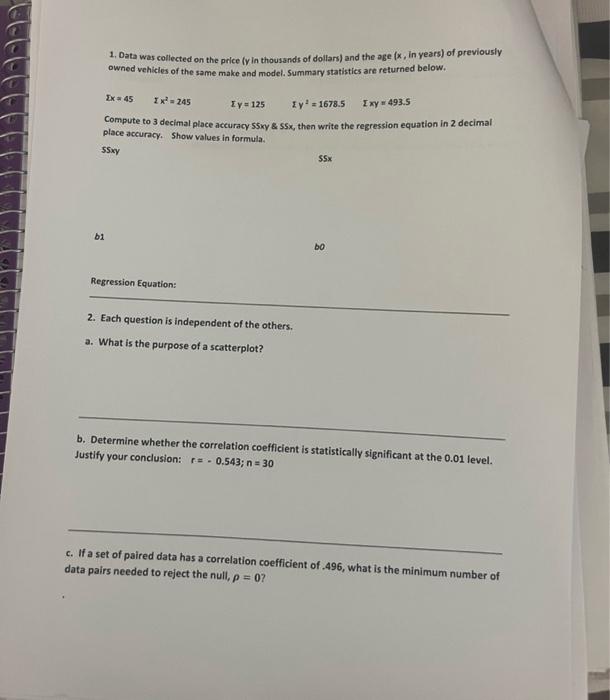 Solved 1. Data was collected on the price ( y in thousands | Chegg.com